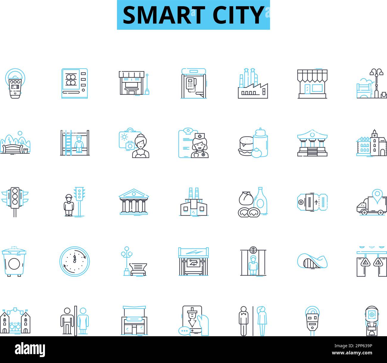 Smart city linear icons set. Innovations, Sustainability, Connectedness, Efficiency, Technology ...