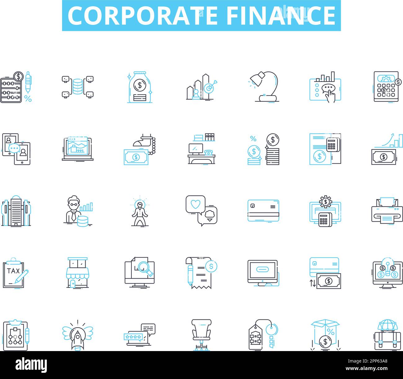 Corporate finance linear icons set. liquidity, valuation, leverage ...