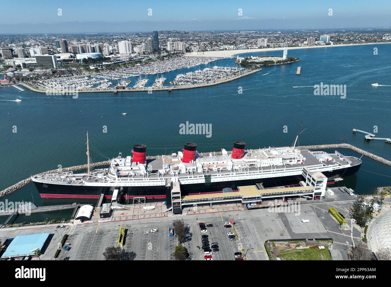 An aerial view of the Queen Mary, Sunday, April 9, 2023, in Long Beach ...