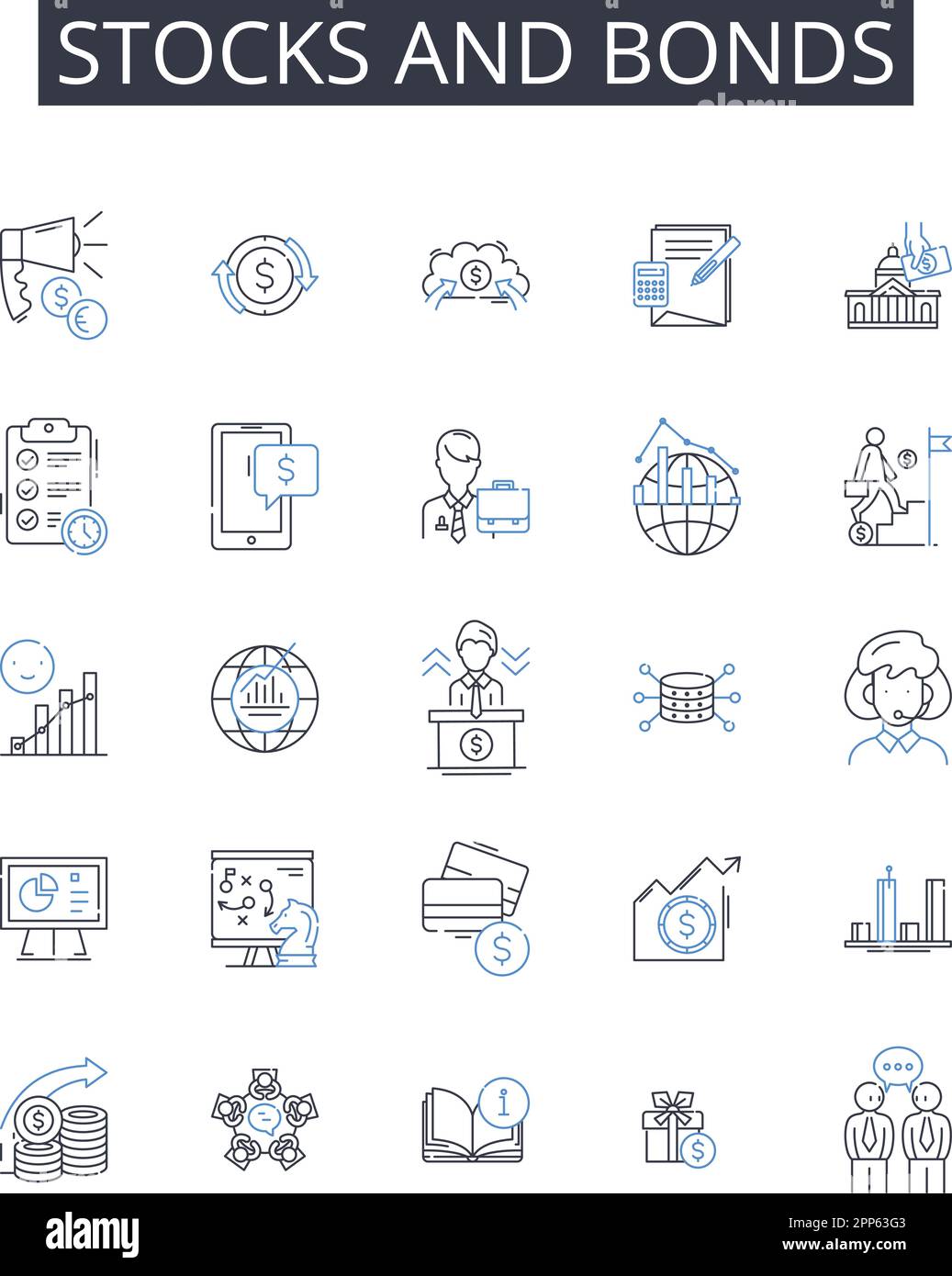 Stocks and bonds line icons collection. Debt and Equity, Buy and Sell ...