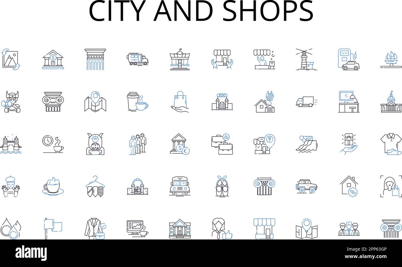City and shops line icons collection. Monitoring, Oversight, Regulation ...