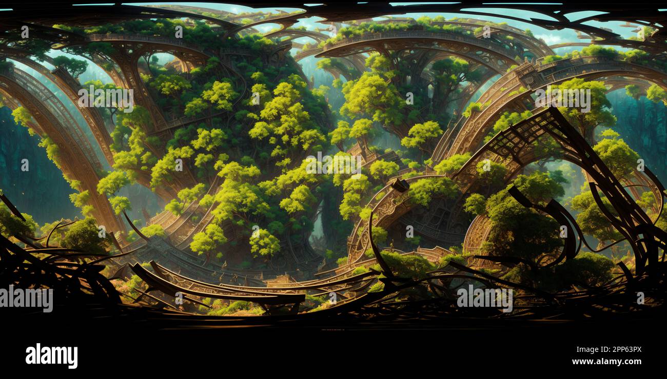 Architectural environment A painting of a train track surrounded by ...