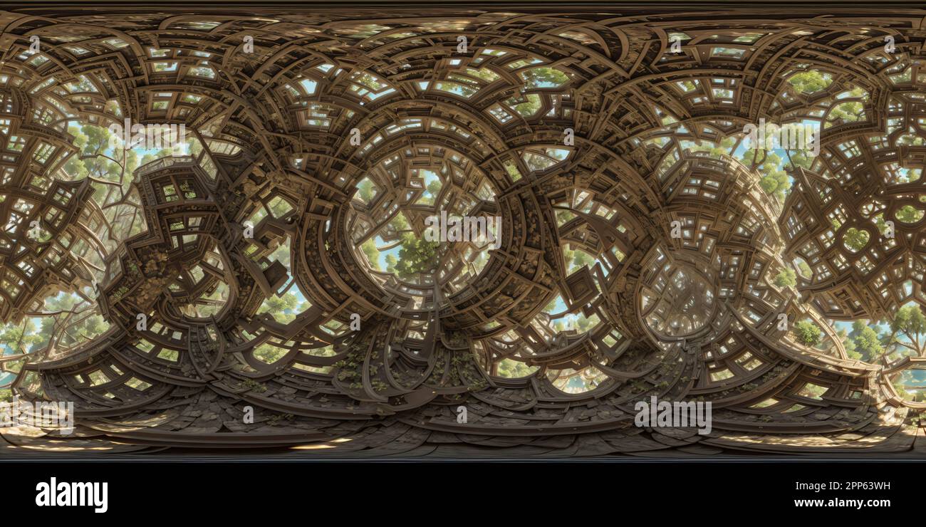 Architectural environment A group of circular objects are shown in a window frame with a sky ...