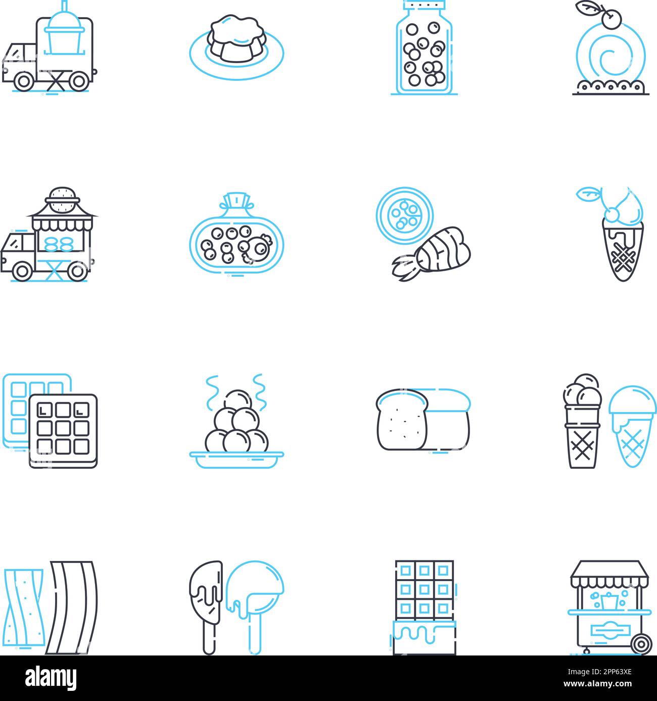 Desserts linear icons set. Cake, Brownies, Cookies, Ice cream, Pudding, Pie, Cheesecake line ...