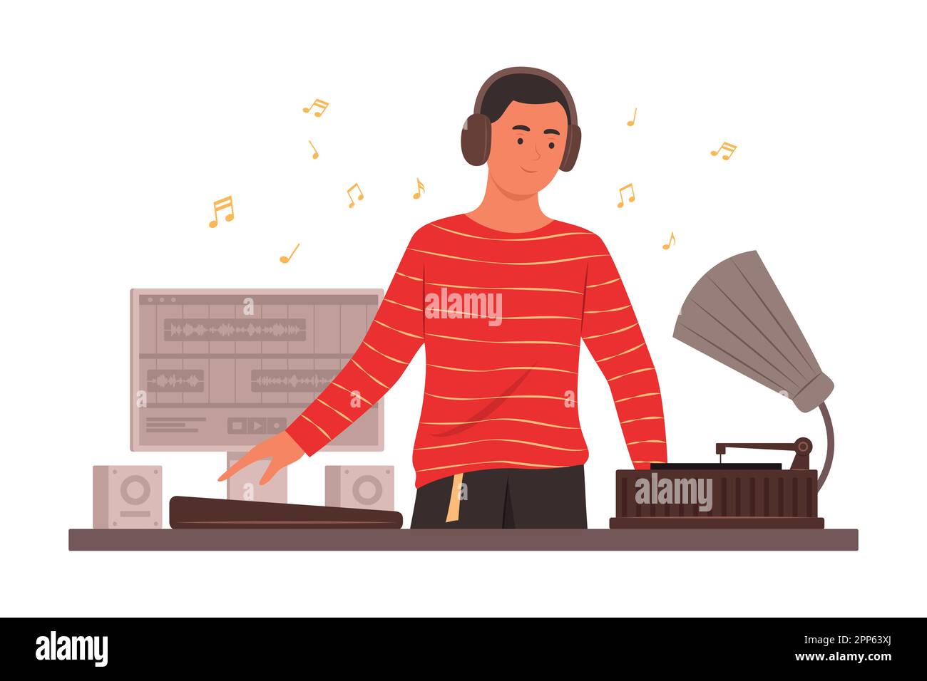 DJ Man Mixing Music and Record Audio Sounds Concept Illustration Stock ...