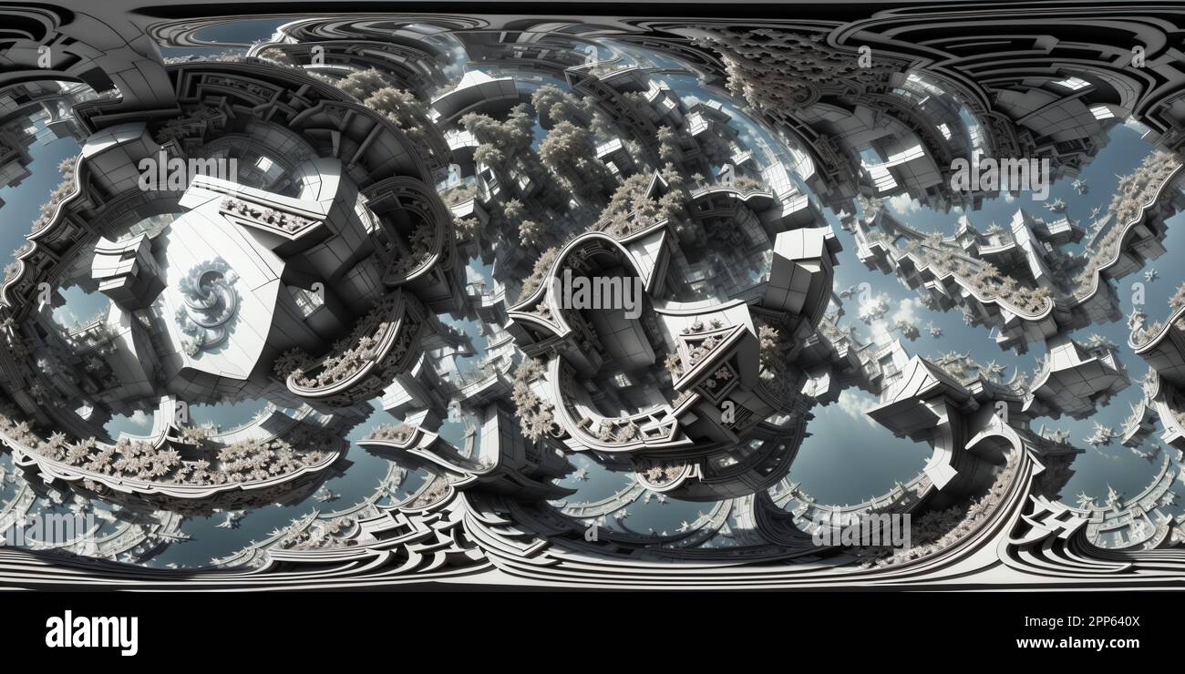 Surreal environment. A mirror image of a building with a clock on it's ...