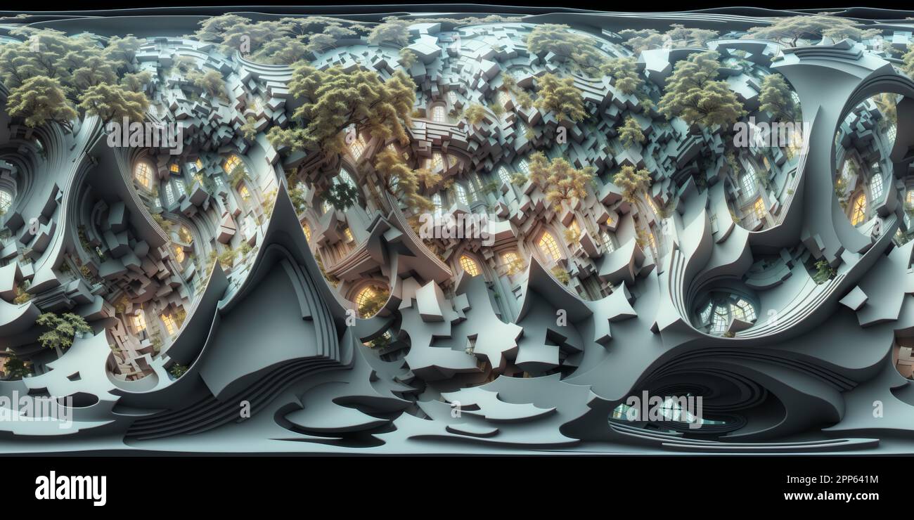 Surreal environment. A very large building with a lot of trees on it's ...