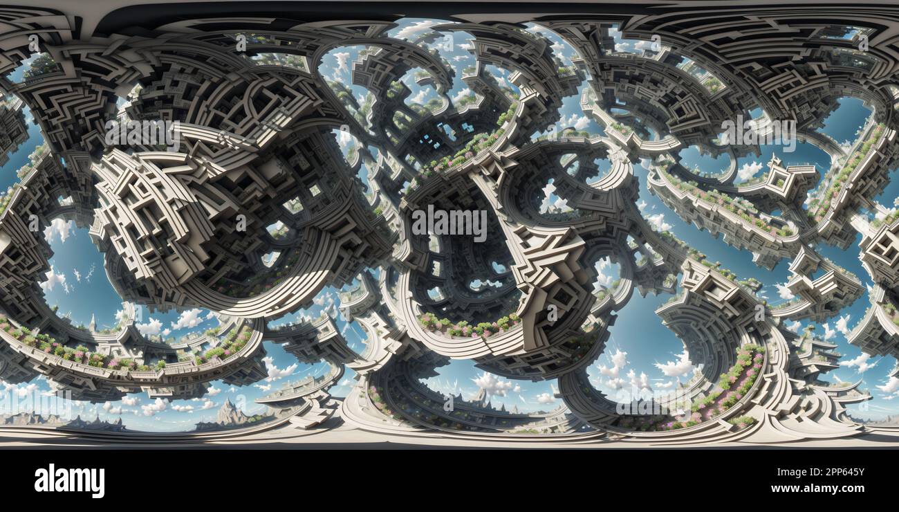 Surreal environment. A reflection of a building in a mirror with a sky ...