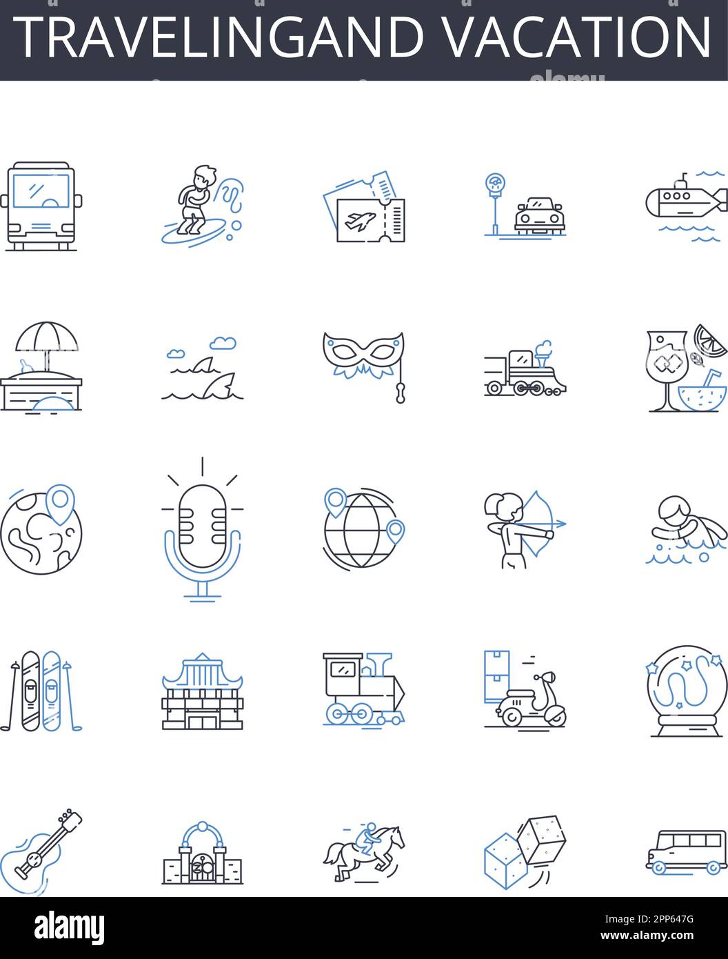 Travelingand vacation line icons collection. Journeying, Roaming ...