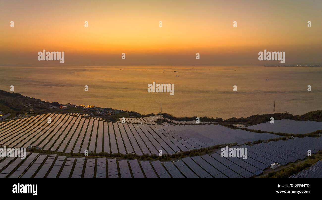 Sunset glow reflects off solar panels at coastal energy farm Stock ...