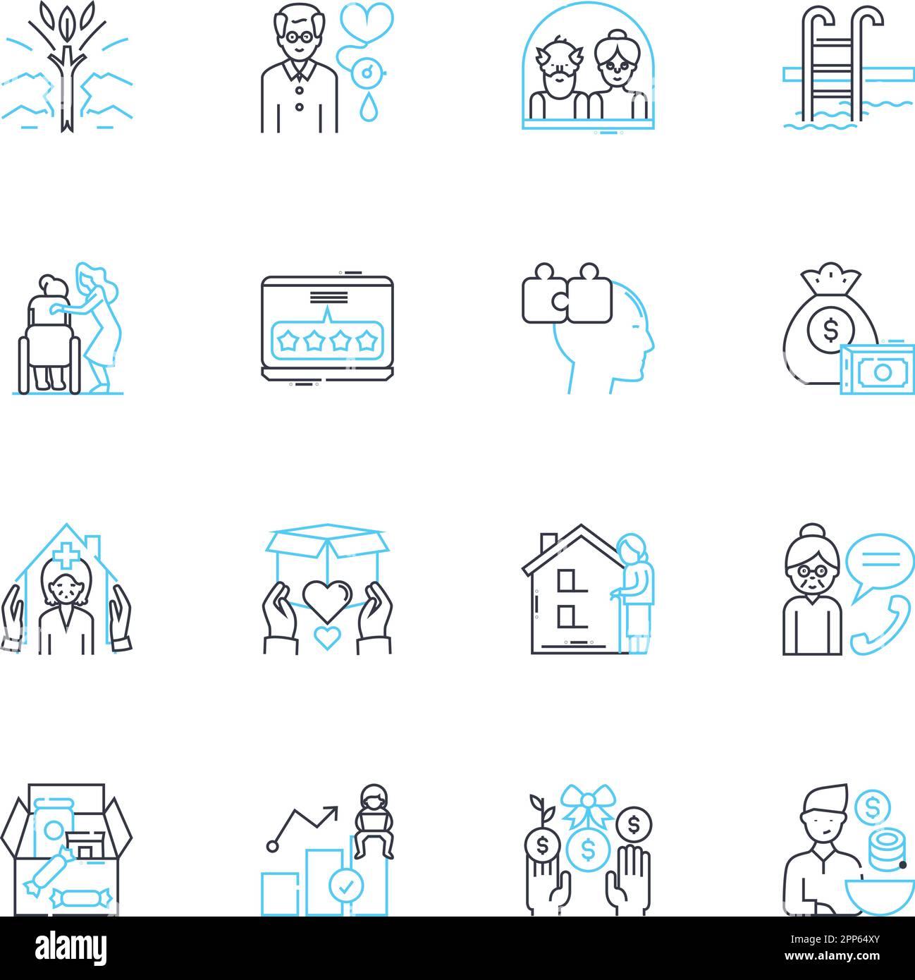 Senior living linear icons set. Retirement, Elderly, Health, Comfort ...