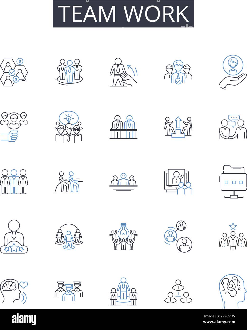 Team work line icons collection. Cooperation support, Leadership ...