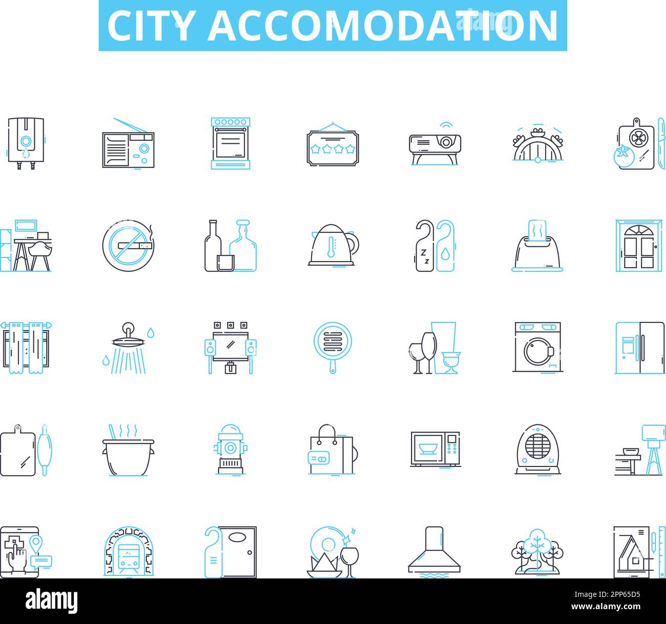 City accomodation linear icons set. Cosy, Centrality, Comfort, Ambiance ...
