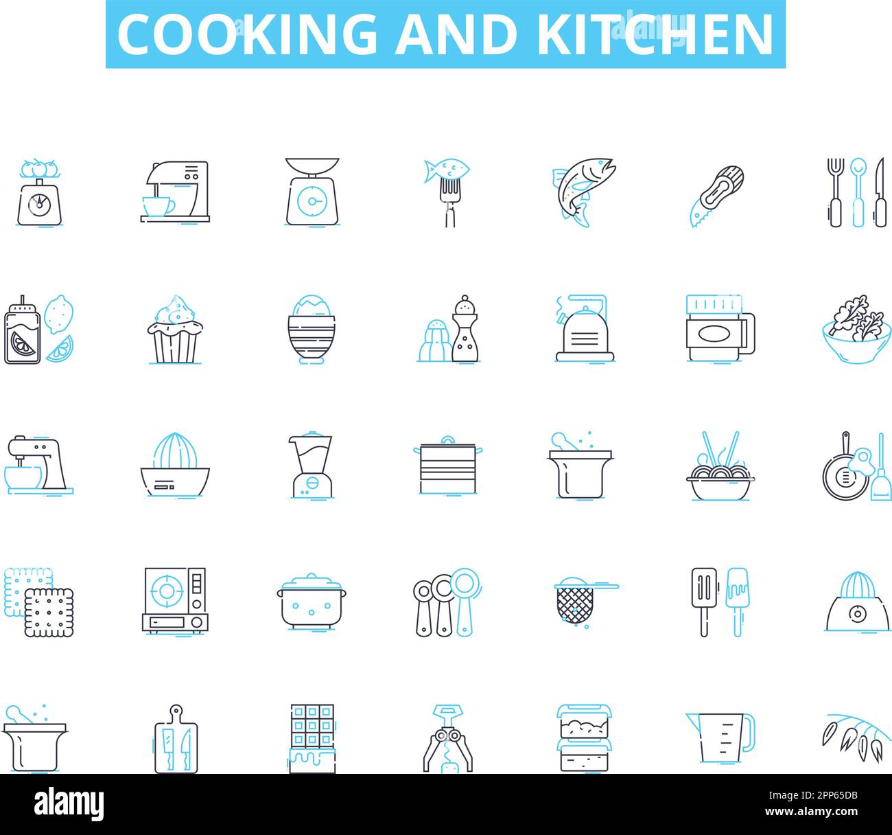 Cooking and kitchen linear icons set. Whisk, Grate, Bake, Saute, Simmer ...