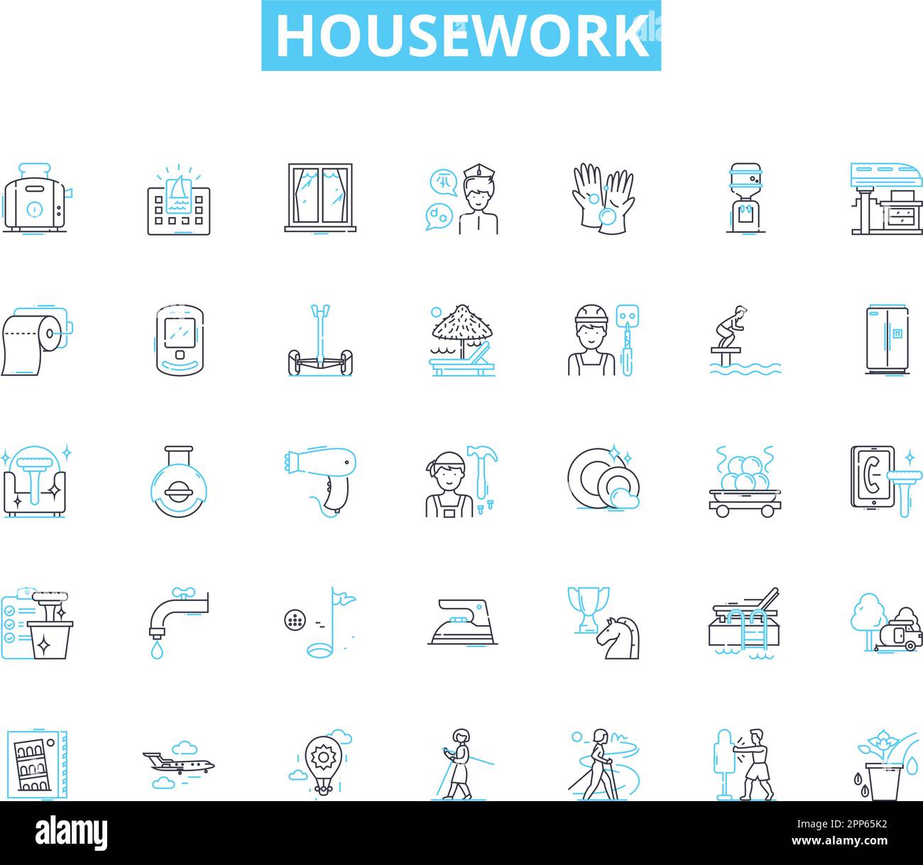 Housework linear icons set. Cleaning, Laundry, Cooking, Dishes, Mopping ...