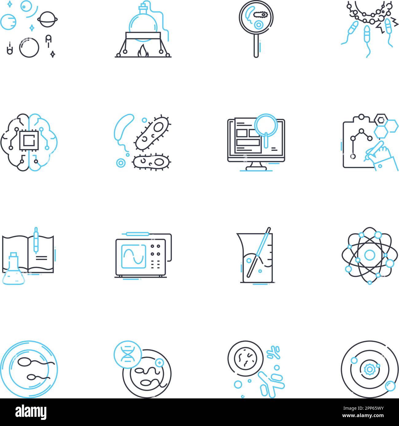 Aerospace linear icons set. Rockets, Satellites, Planes, Helicopters ...