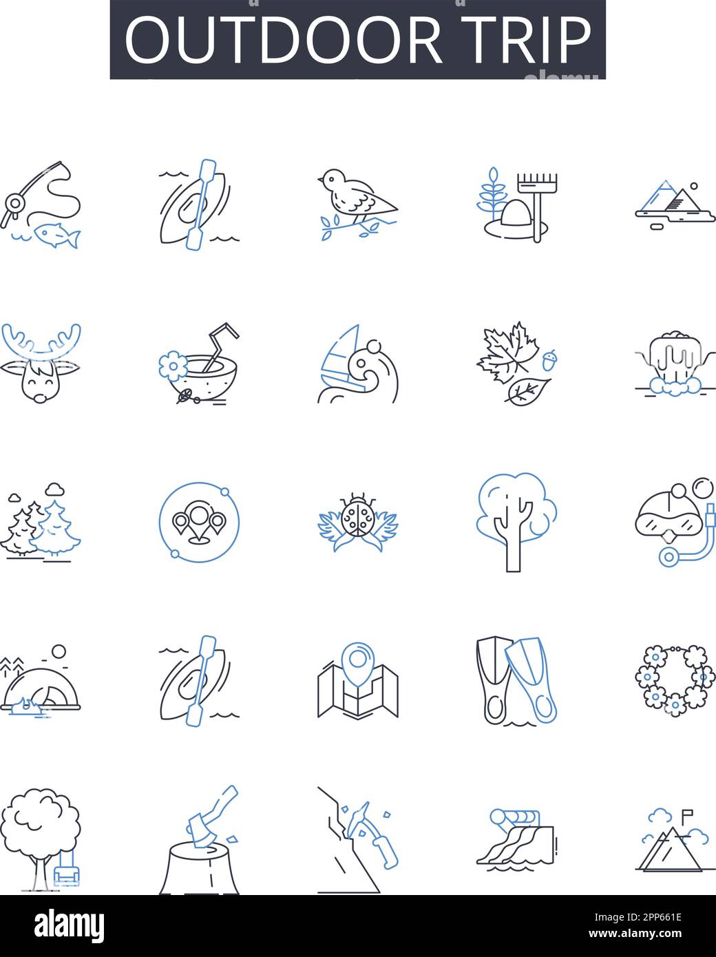 Outdoor trip line icons collection. Beach vacation, Mountain hike ...