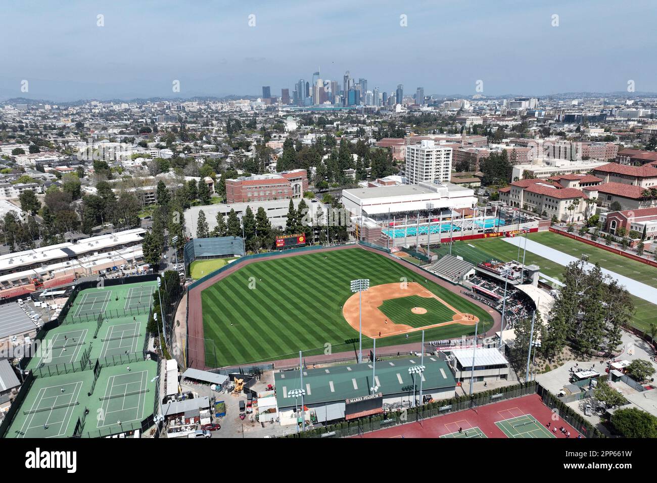 A general overall aerial view of Dedeaux Field on the campus of the ...