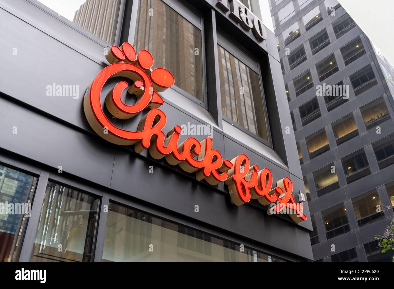 New York City, USA - August 18, 2022: A Chick-fil-A restaurant sign on ...