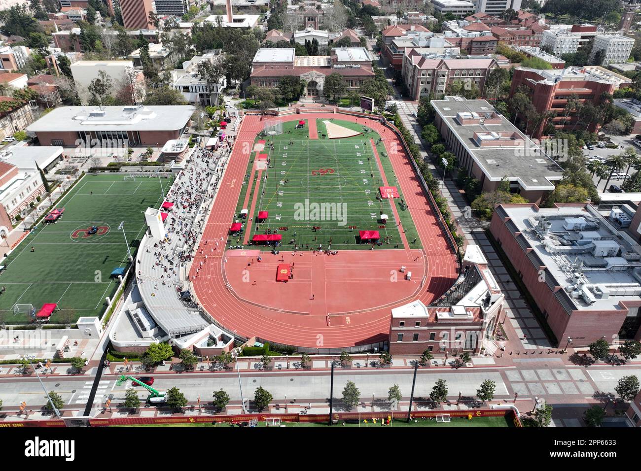 A general overall aerial view of the USC Trojans logo at Allyson Felix ...