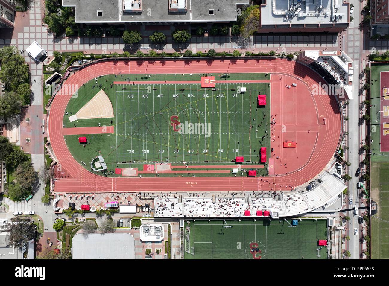 A general overall aerial view of the USC Trojans logo at Allyson Felix ...