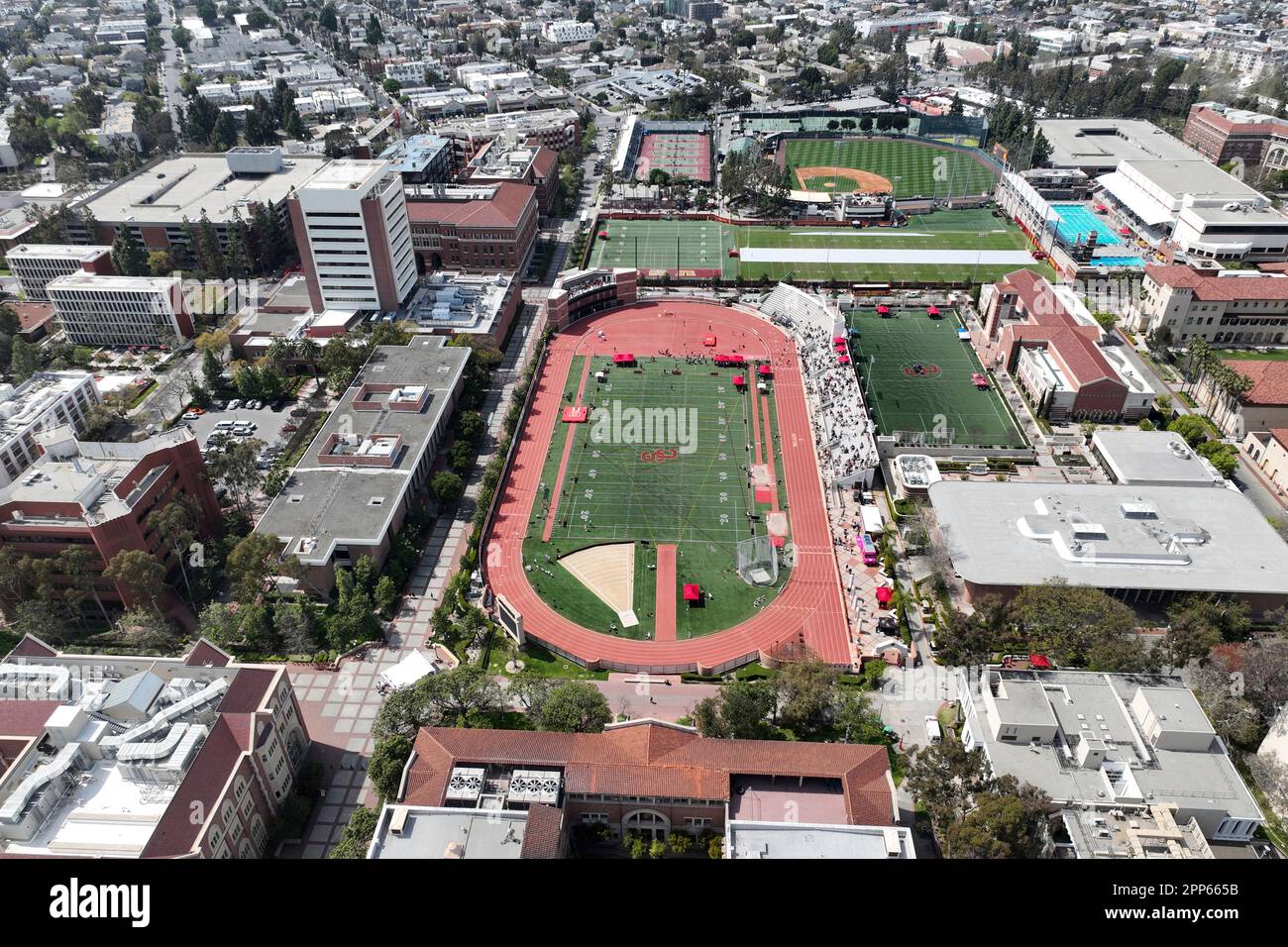 A general overall aerial view of the USC Trojans logo at Allyson Felix ...