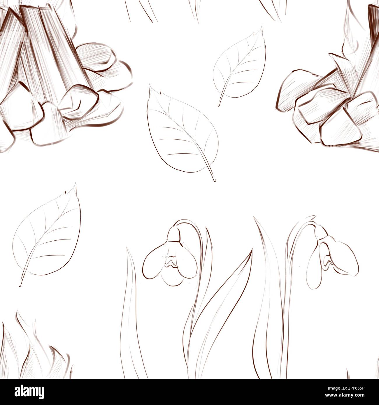 Seamless pattern. Sketch. Freehand drawing. hike. Bonfire and snowdrops ...