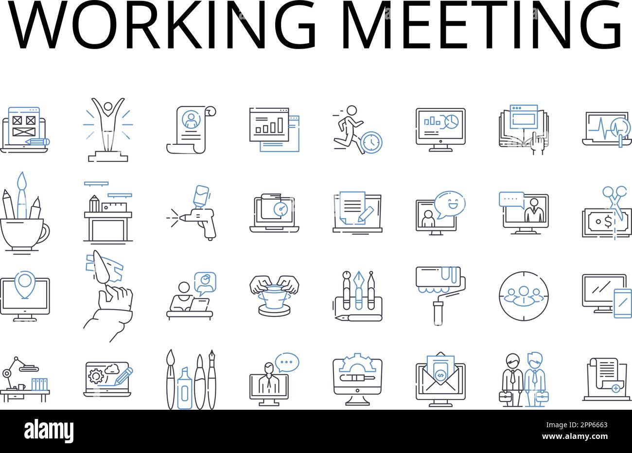 Working meeting line icons collection. Planning session, Team ...