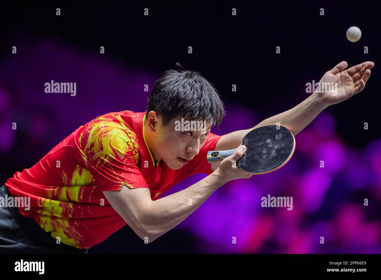 Macao, China. 22nd Apr, 2023. Ma Long of China serves during the men's ...