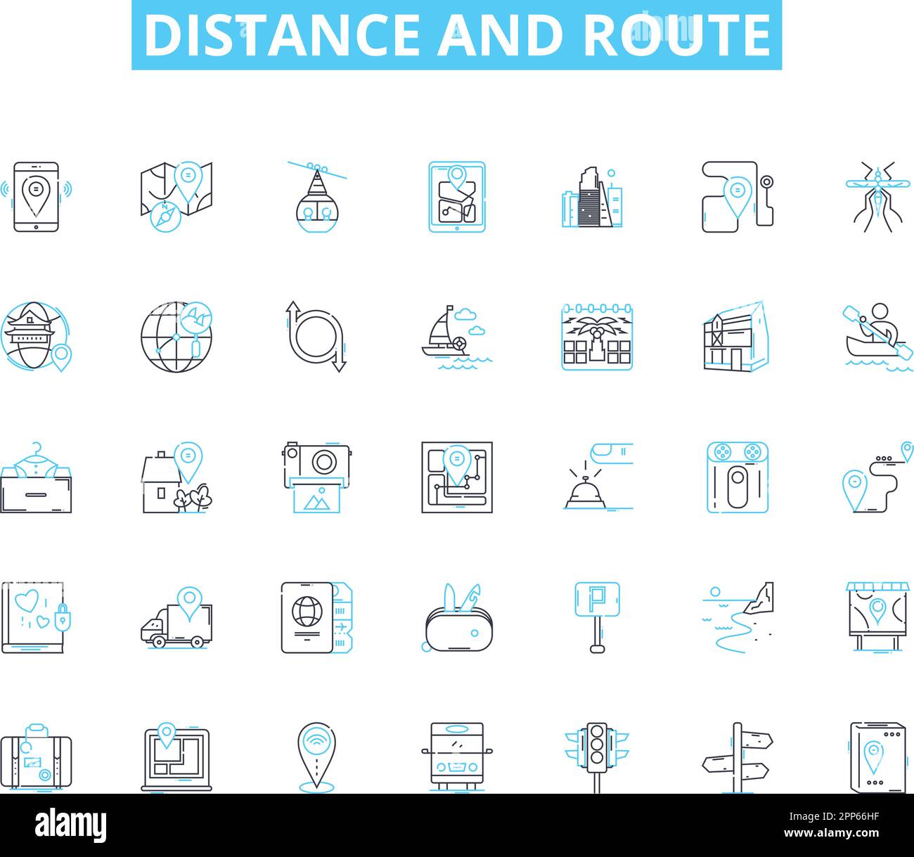 Distance and route linear icons set. Navigation, Direction, Journey, Route, Travel, Path ...