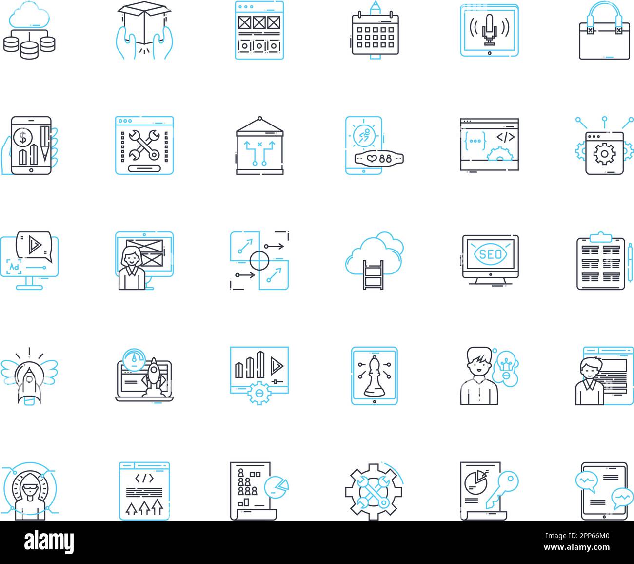 Brand promotion linear icons set. Engagement, Buzz, Visibility ...