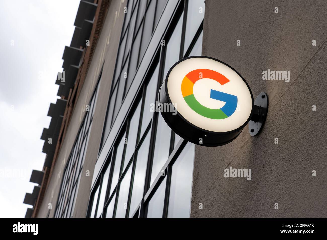 Close up of Google logo on its office building in New York City, USA ...