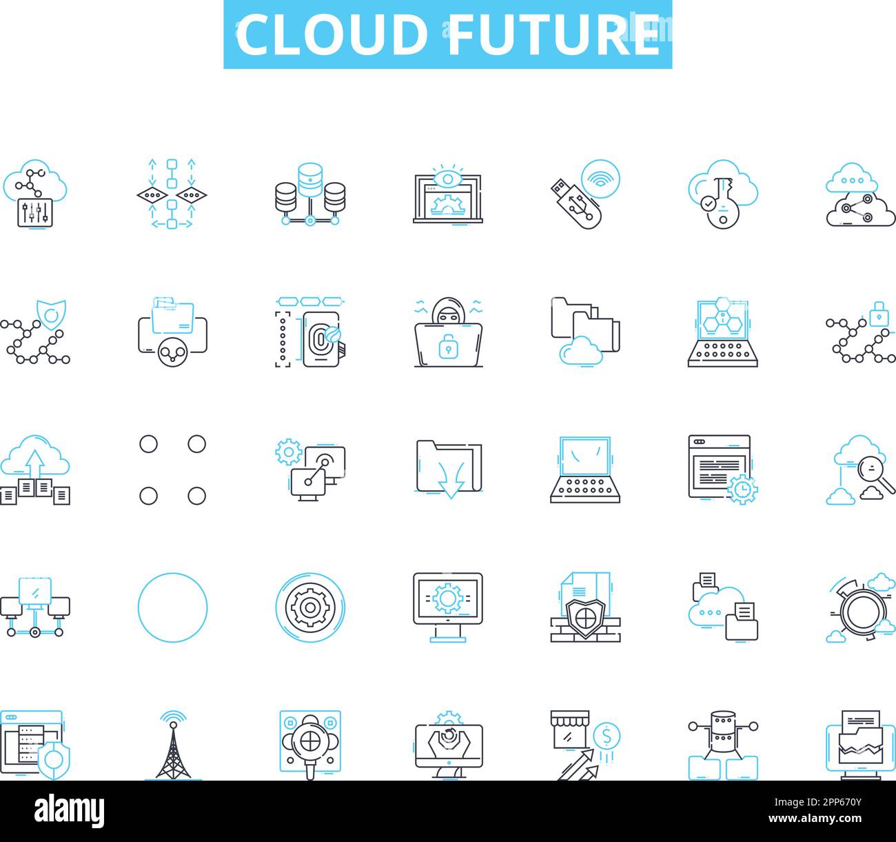 Cloud future linear icons set. Advancement, Efficiency, Collaboration, Storage, Mobility ...