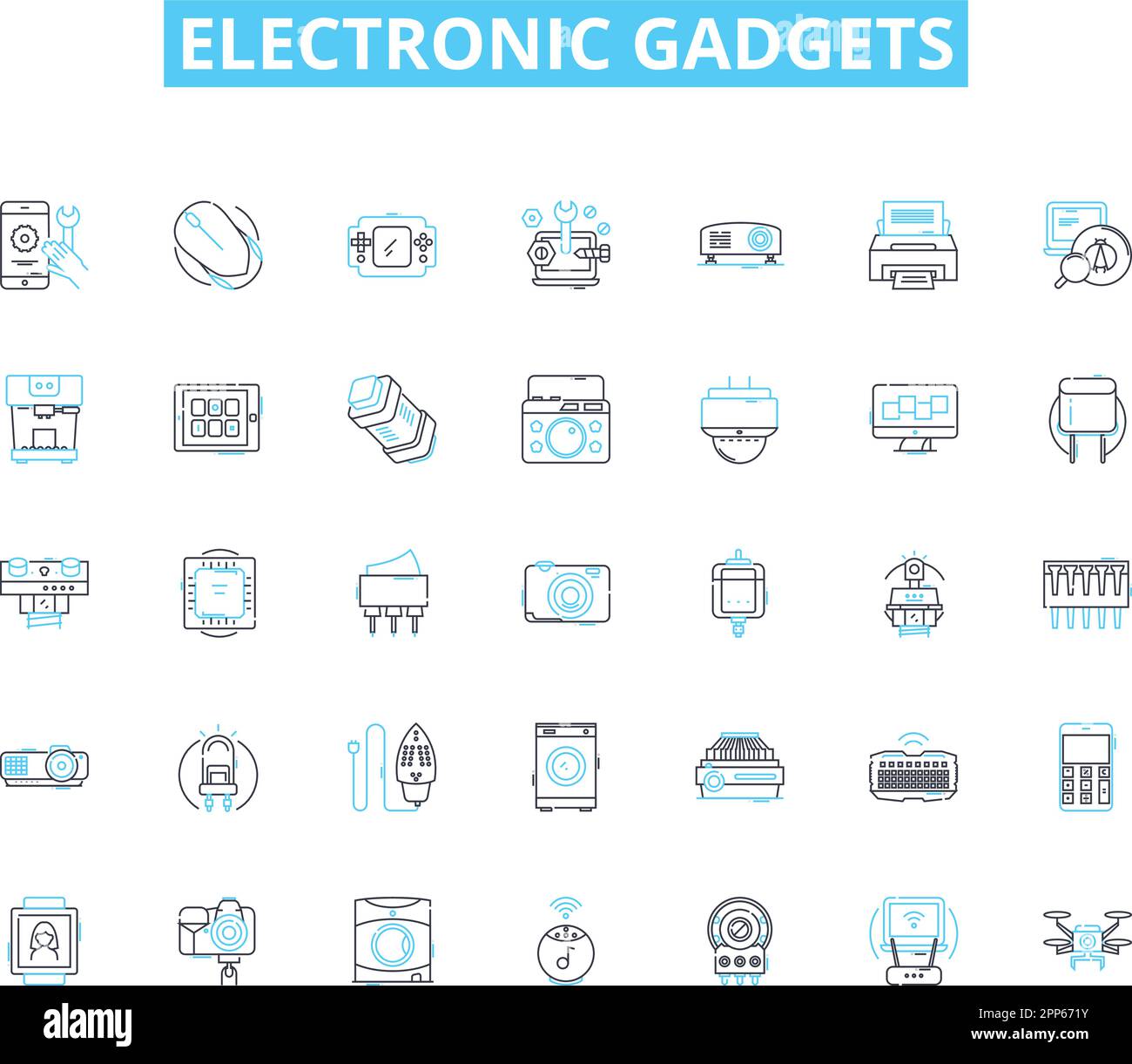 Electronic gadgets linear icons set. smartph, tablet, laptop, desktop ...