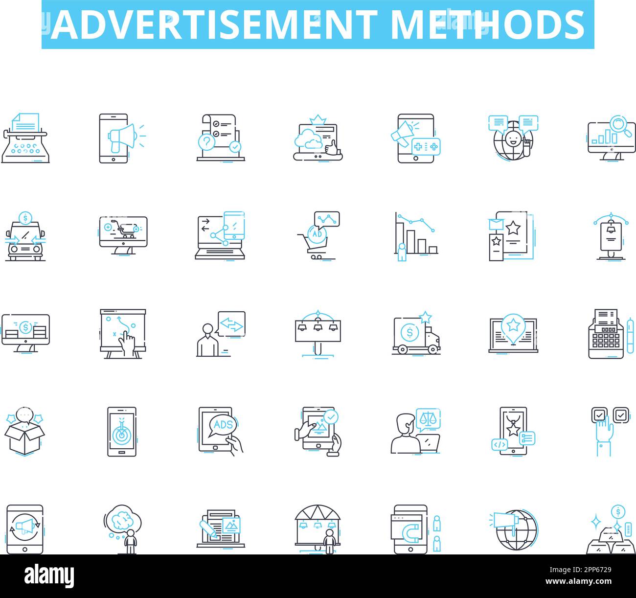 Advertisement methods linear icons set. Billboard, Banner, Print, Radio ...