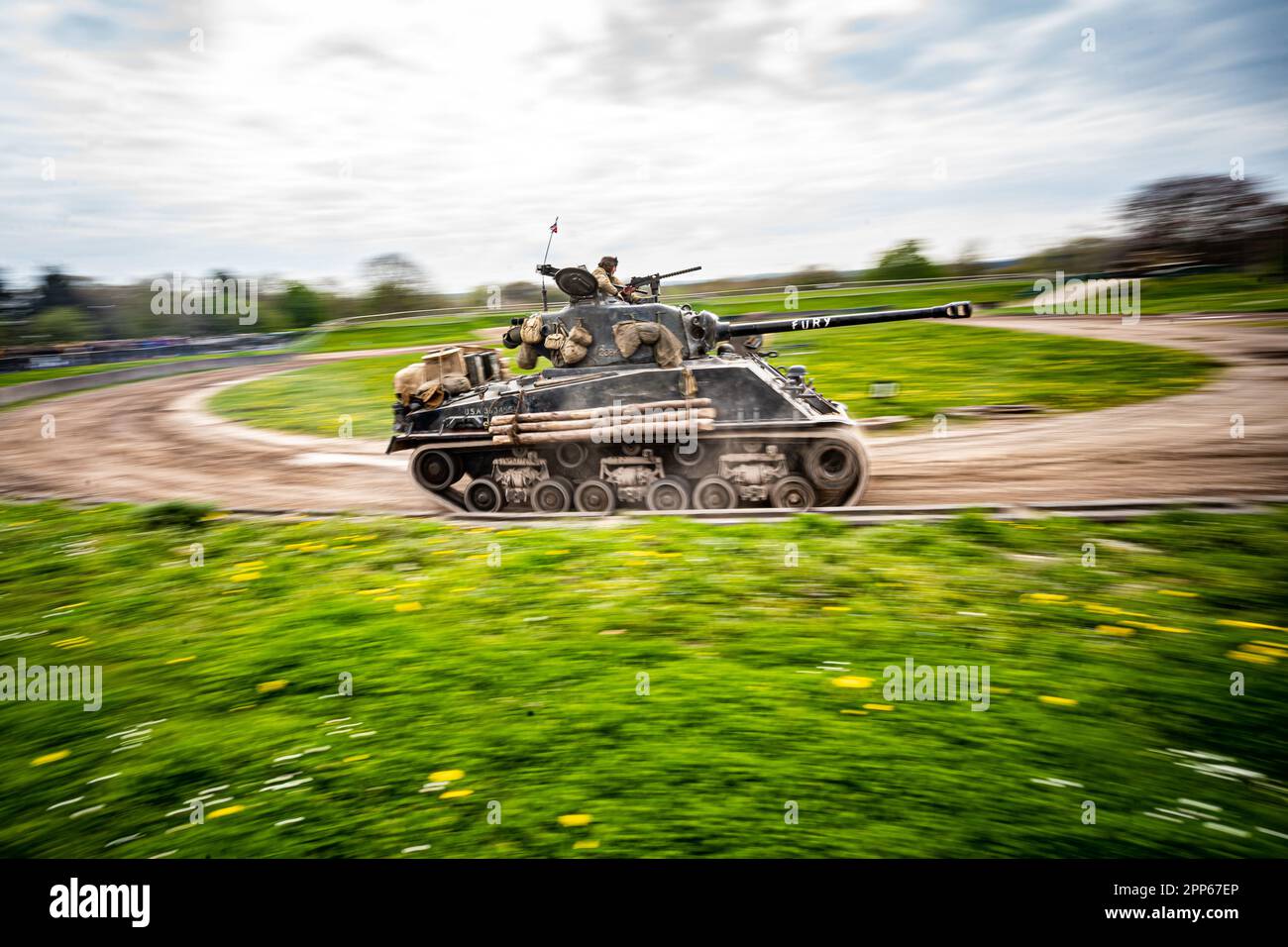 The Sherman tank used in the film Fury, drives around the tank course ...