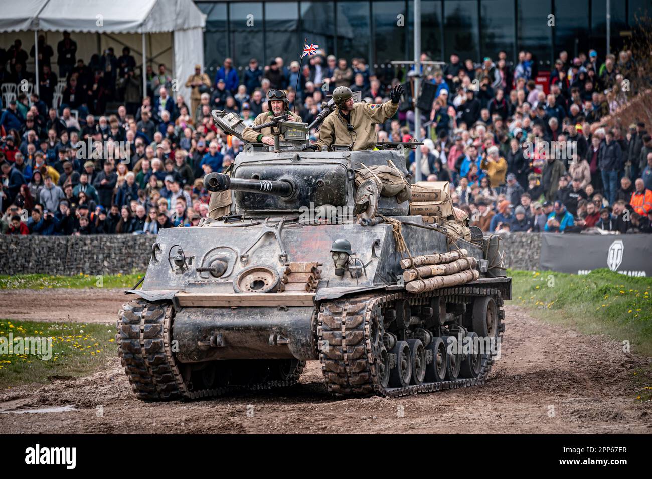 The Sherman tank used in the film Fury, drives around the tank course ...