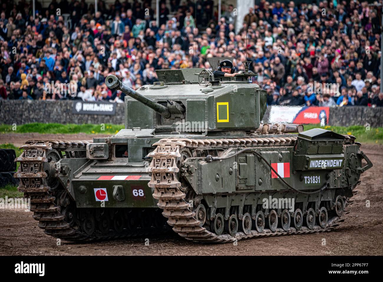 A British Churchill tank drives around the tank course at the Tank ...