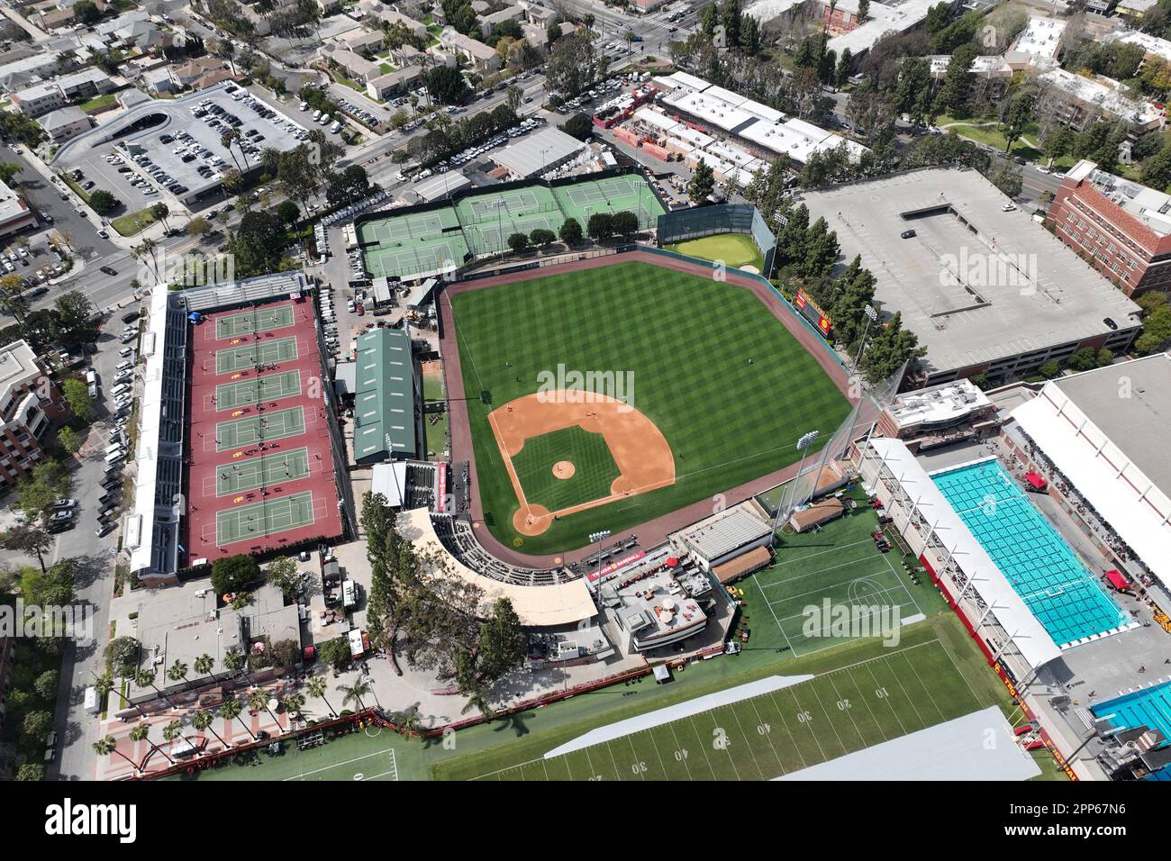 A general overall aerial view of the USC Trojans logo at Allyson Felix ...