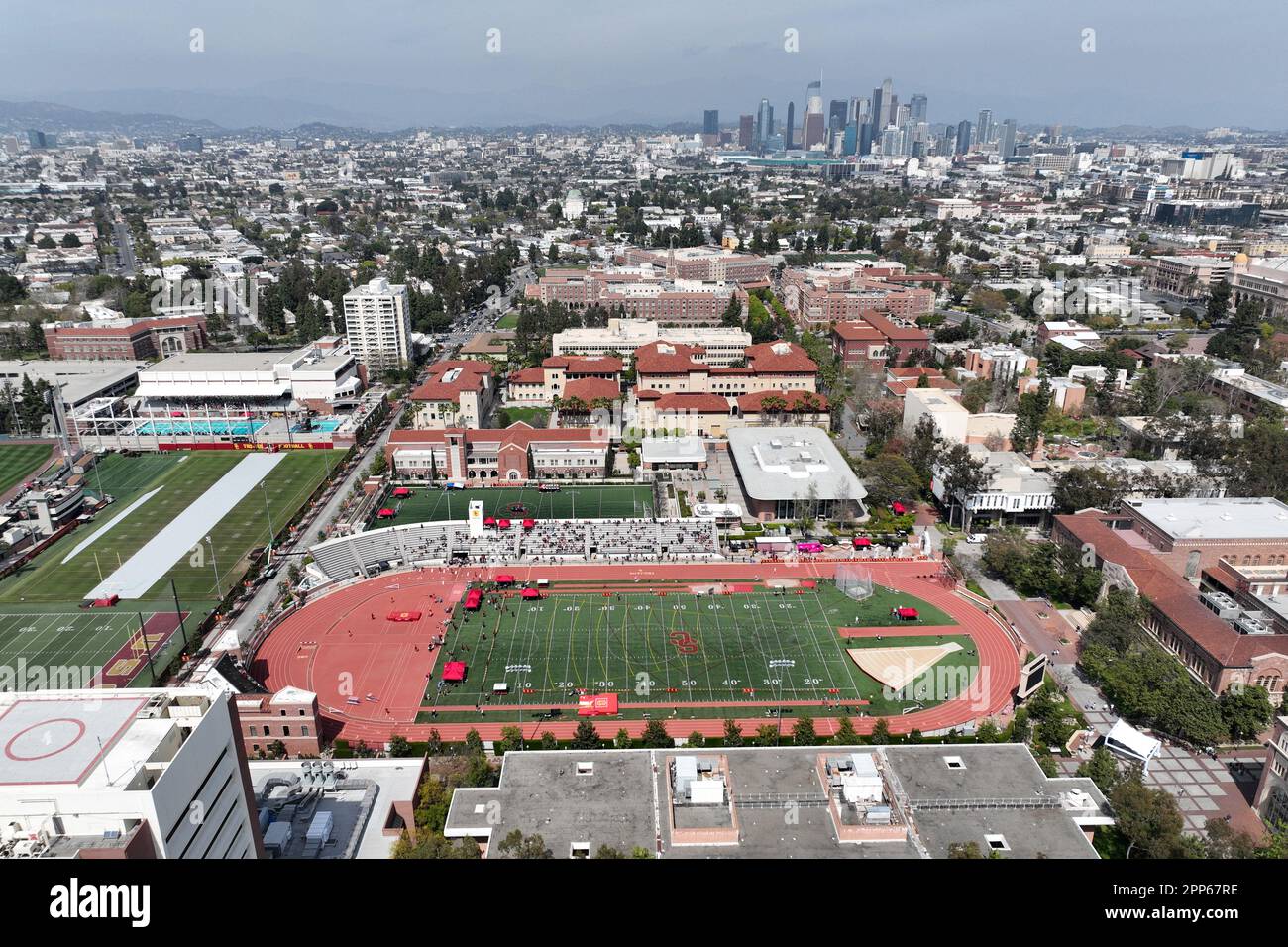 A general overall aerial view of the USC Trojans logo at Allyson Felix ...