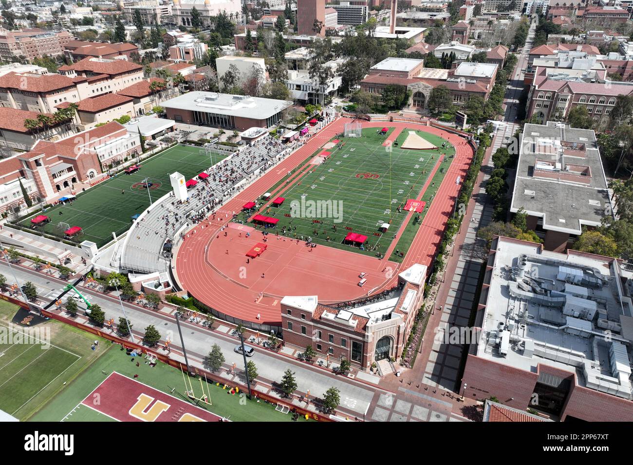 A general overall aerial view of the USC Trojans logo at Allyson Felix ...