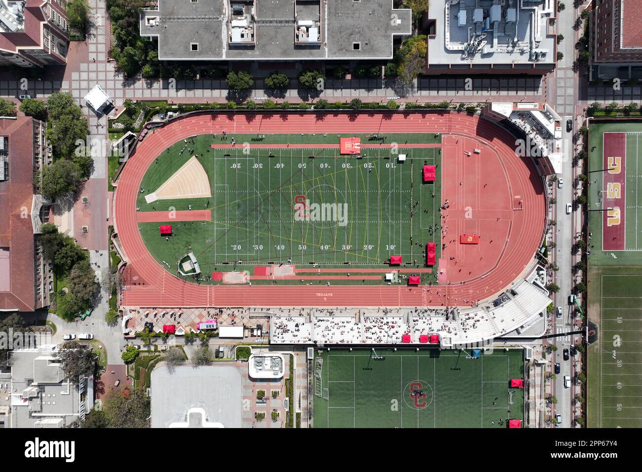 A general overall aerial view of the USC Trojans logo at Allyson Felix ...