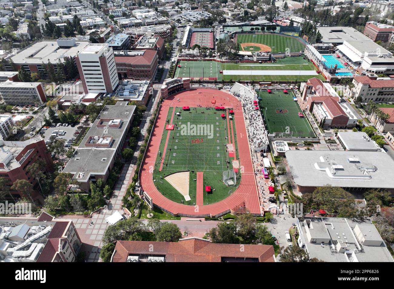 A general overall aerial view of the USC Trojans logo at Allyson Felix ...