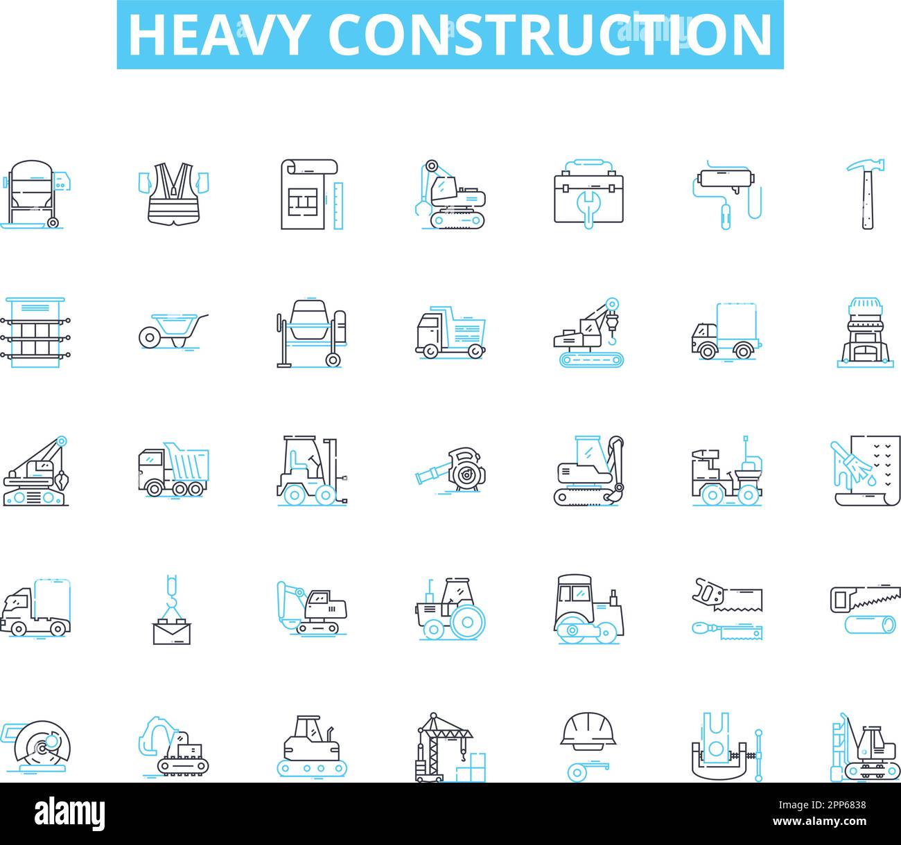 Heavy construction linear icons set. Excavation, Bulldozer, Grader, Crane, Backhoe, Trencher ...