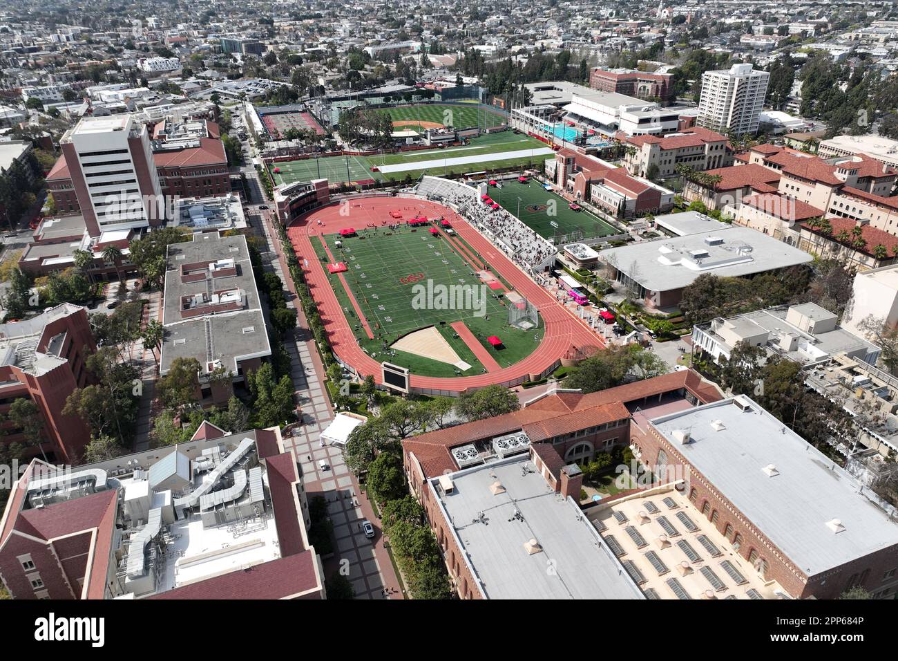 A general overall aerial view of the USC Trojans logo at Allyson Felix ...