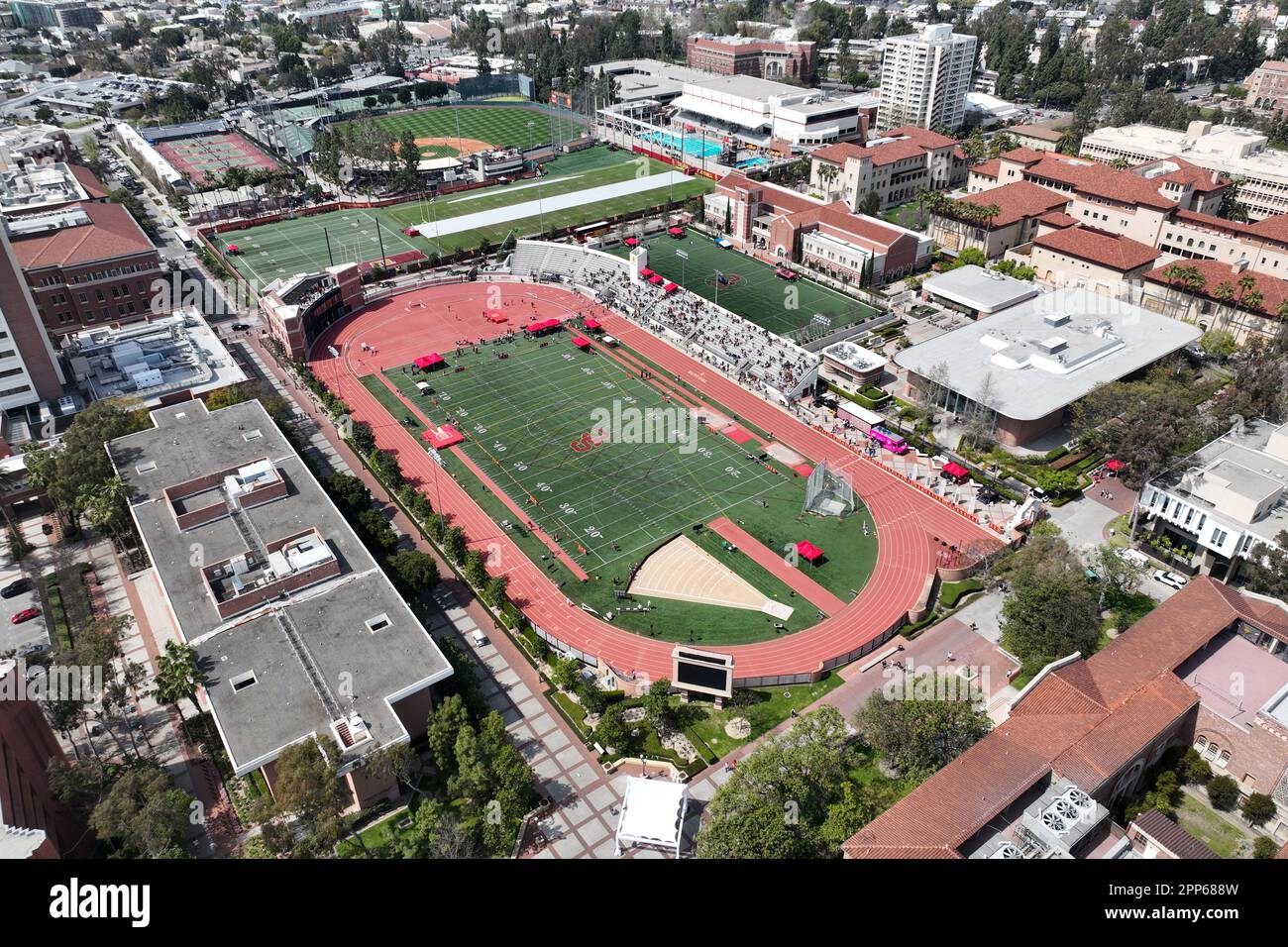 A general overall aerial view of the USC Trojans logo at Allyson Felix ...