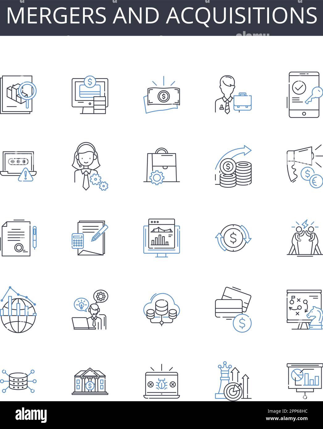 Mergers And Acquisitions Line Icons Collection Consolidation Amalgamation Integration