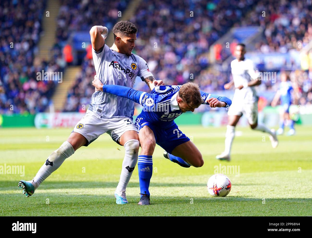 Wolverhampton Wanderers' Joao Gomes (left) and Leicester City's Kiernan ...