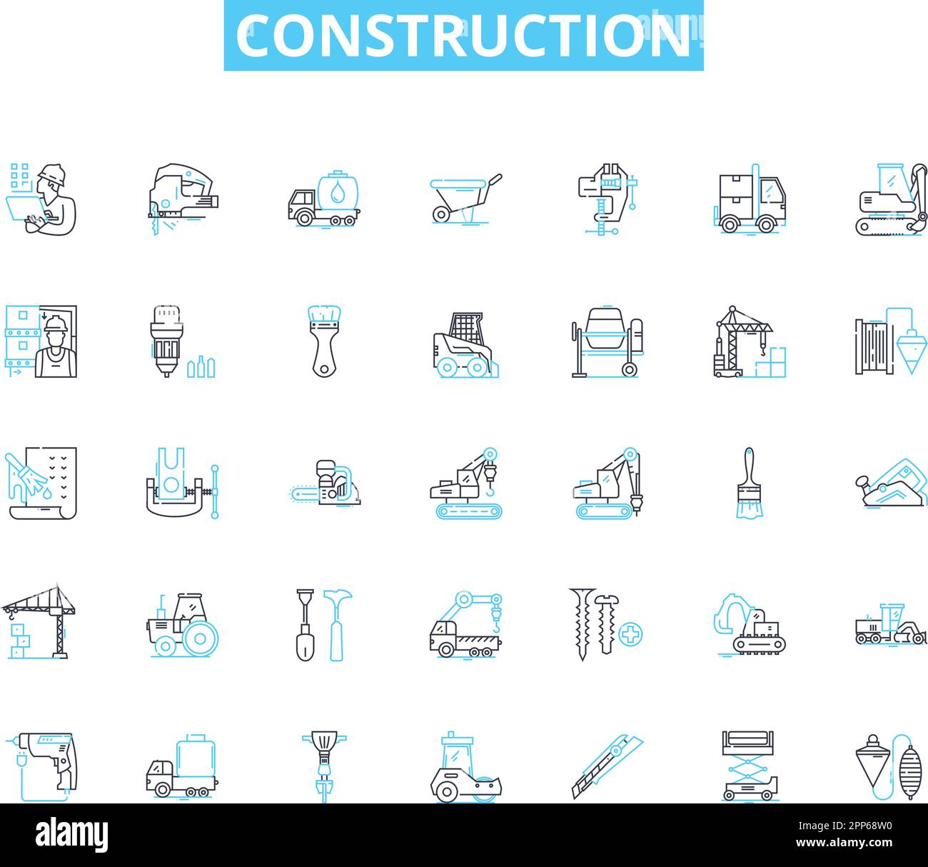 Construction linear icons set. Renovation, Framing, Roofing, Pouring, Demolition, Carpentry ...