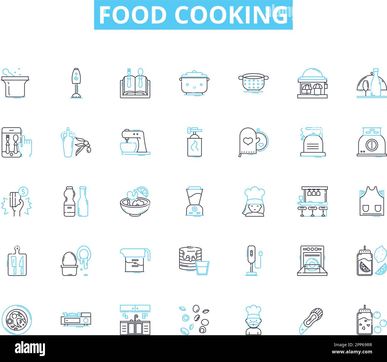 Food cooking linear icons set. Saut?ing, Grilling, Baking, Frying ...